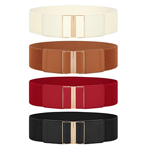 JASGOOD 4 Pack Wide Elastic Stretch Waist Belts for Women Dress Vintage Belt, Suit for Waist Size:31”-36”, A-Black+Brown+Red+Beige