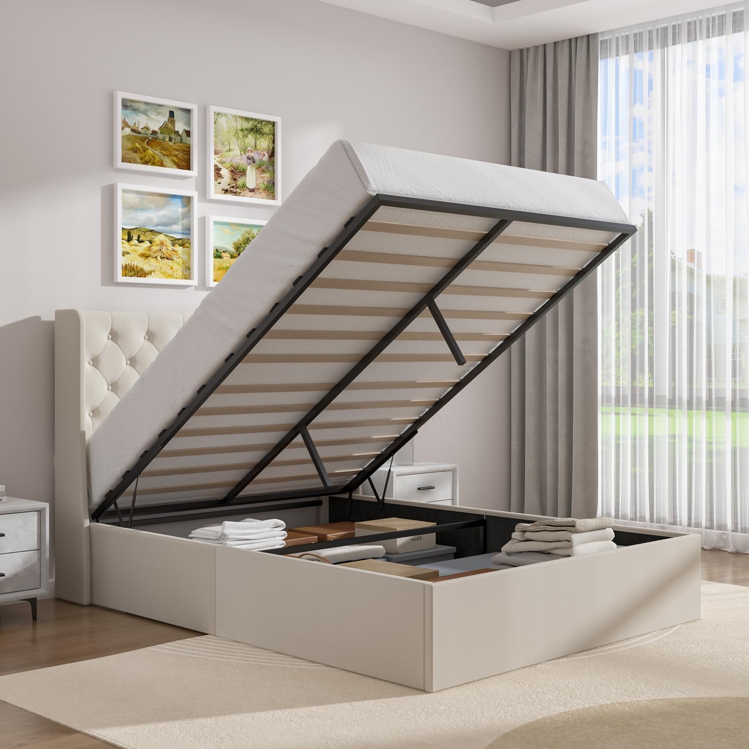 Catrimown Queen Size Lift Up Storage Bed, Upholstered Queen Bed Frame with Storage, Lift Up Storage Bed Queen with Wingback, Hydraulic Storage, Wood Slats Support, No Box Spring Needed