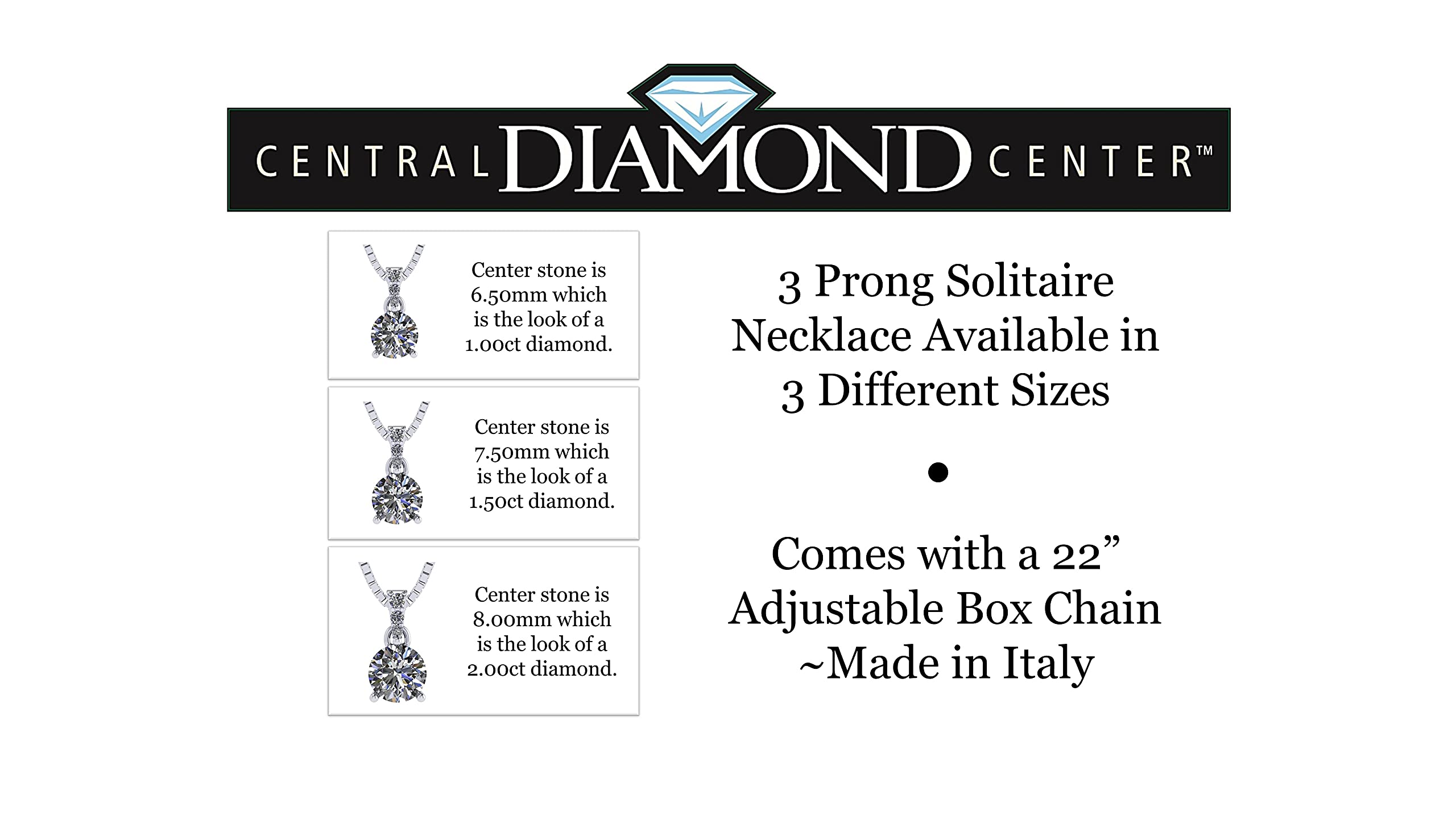 Central Diamond Center 3 Prong Round Solitaire Simulated Diamond Necklace in Sterling Silver & Zirconia - 2.00ct White