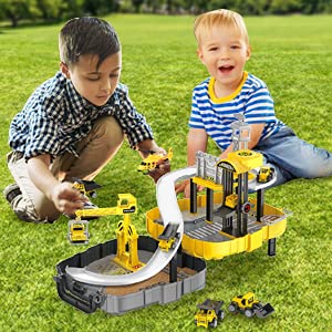 Siairo Construction Race Car Toy for Kids - Construction Race Truck with Crane, Helicopter, Bulldozer, Excavator Toy Backpack for 3 4 5 Year Old Boys & Toddlers