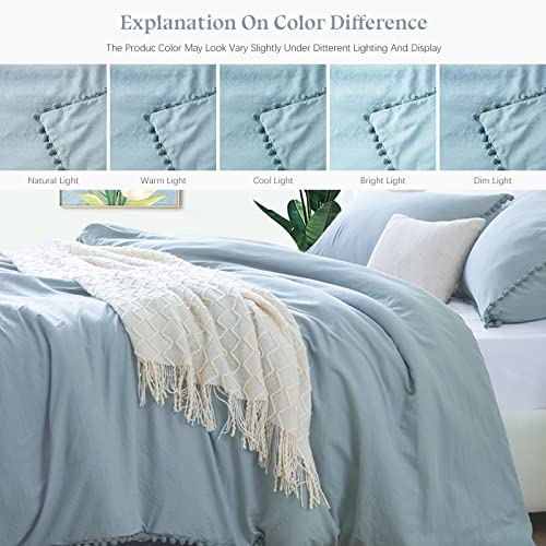 Newspin Duvet Cover Queen Size Pom Pom Fringe Blue,3Pcs Soft Breathable 100% Washed Microfiber Boho Bedding Duvet Cover Set with Zipper Closure,1 Duvet Cover(90"X90") and 2 Pillow Shams(No Comforter)