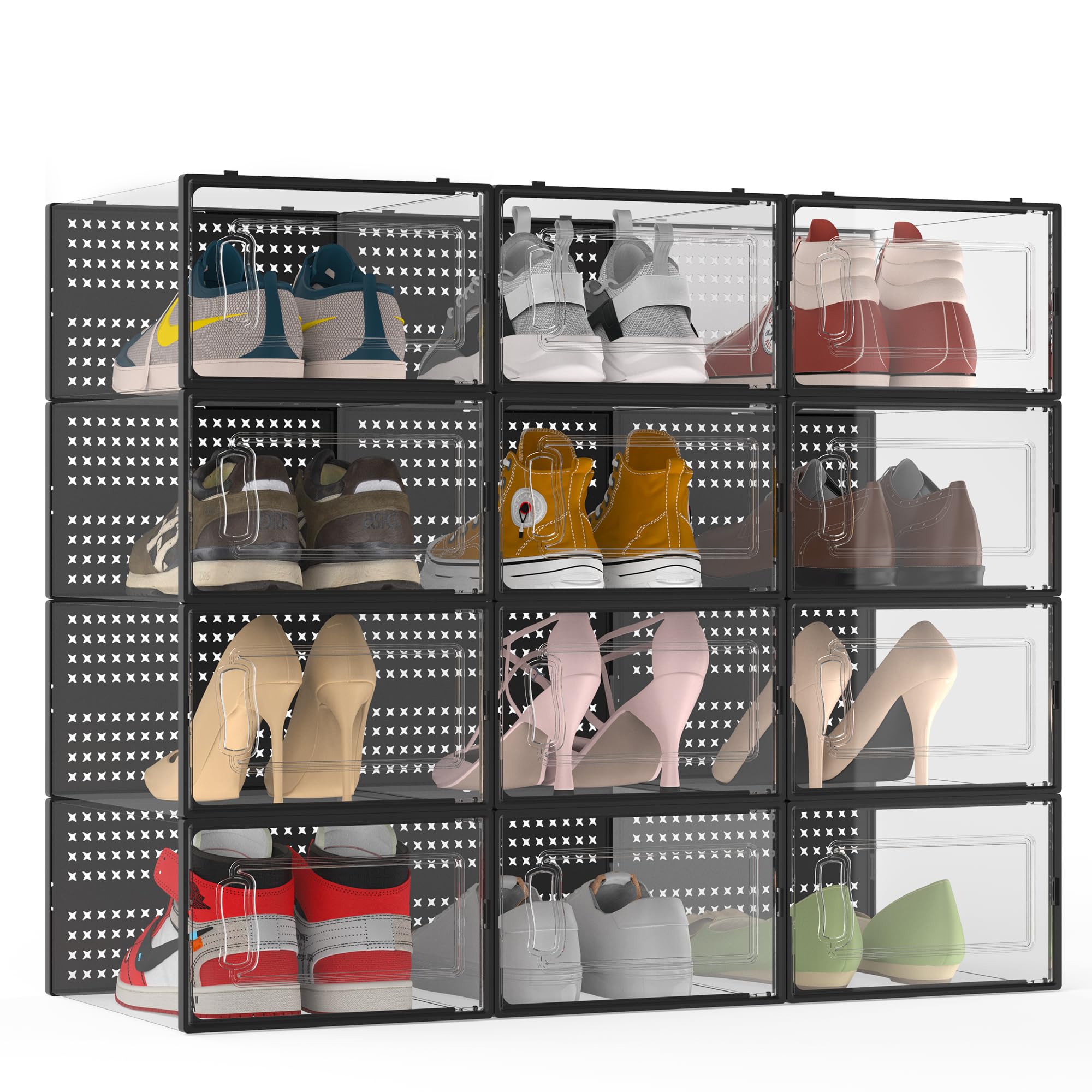 Fkprorjv XX Large Shoe Storage Box Organizer for Closet, 12 Pack Space Saving Versatile Clear Plastic Stackable Sneaker Shoe Rack Containers Bins Holders, Portable Closet Organizers and Storage, Black