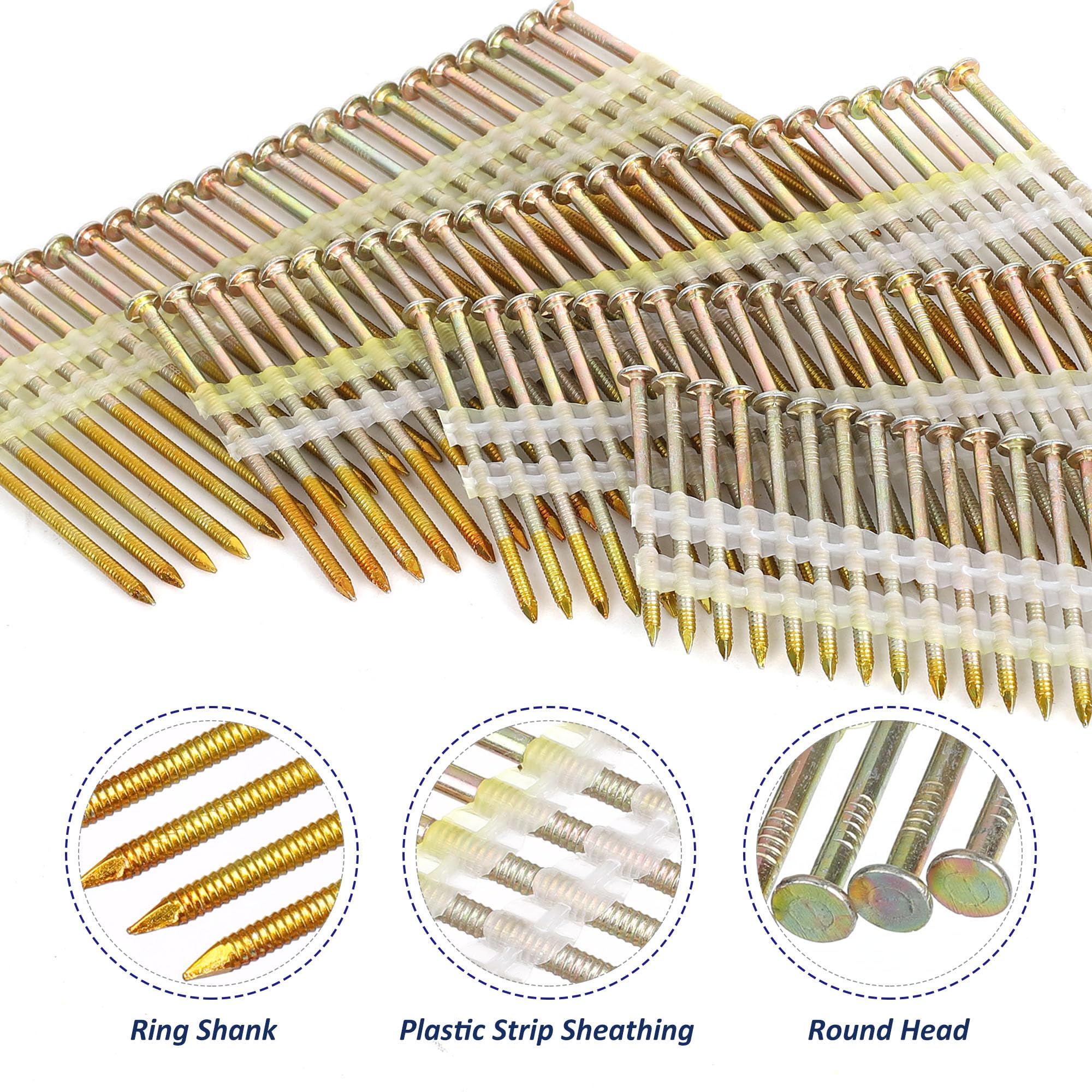 HW HAMWOO Framing Nails,21°Round Head Nail Pack,1000-Pack (2"- 250Pcs,2-1/2"- 250Pcs,3"- 250Pcs, 3-1/2"- 250Pcs),Galvanized Nail,Ring Shank