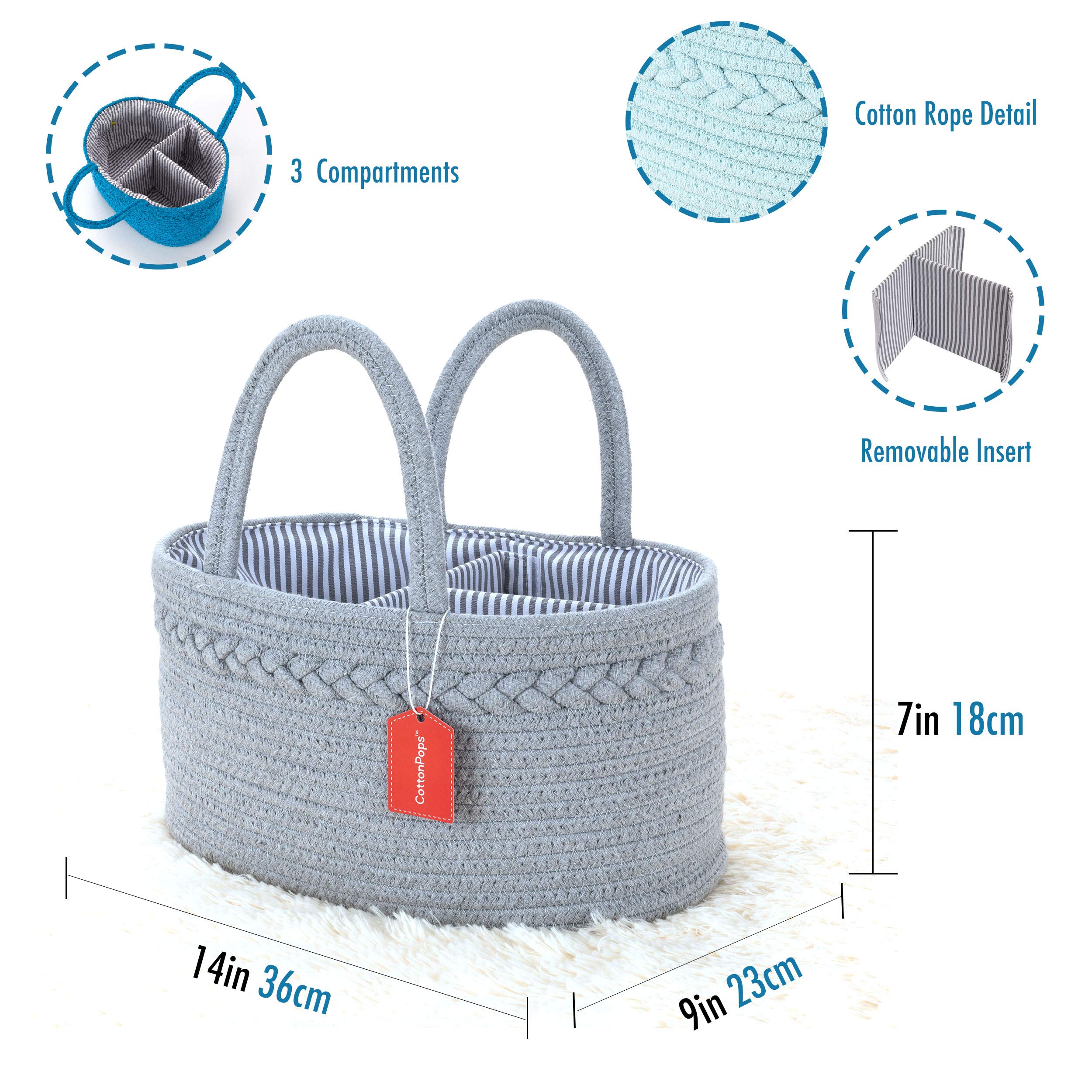 CottonPops 14.2" x 9" x 7" Baby Diaper Caddy Organizer Basket Nursery Storage Car Organizer Baby Shower Basket (Grey)