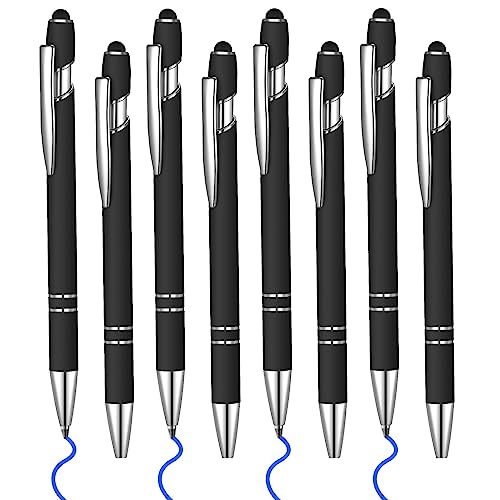 Lragvtbk 8 Pcs Blue Ink Ballpoint Pen with Stylus Tip 2 in 1 Stylus Ballpoint Pen Metal Pens Stylus Pen for Touch Screens School Office Coworkers (Black)