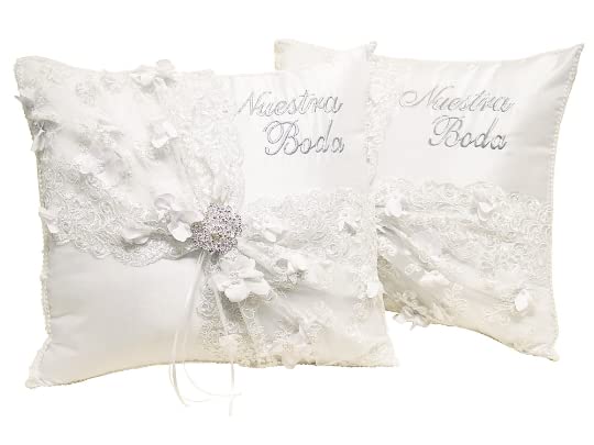 Set of 2 White Wedding Kneeling Pillows, Embroidered Nuestra Boda Kneeling Pillows, Satin and Lace Kneeling Pillows, White/Silver