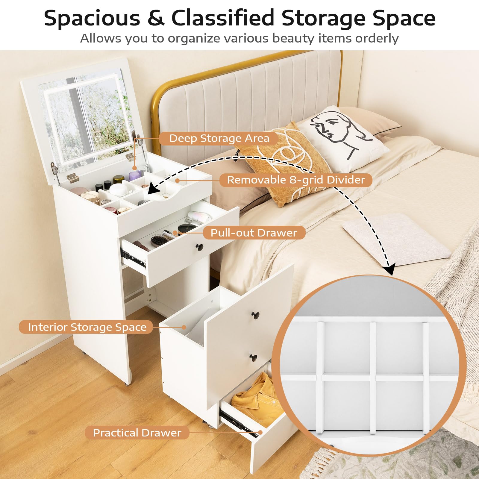 CHARMAID Small Vanity Desk Set, Makeup Vanity Table with Flip-up Lighted Mirror, Storage Bench, 2 Drawers, 8 Wheels, White Girls Dressing Table Nightstand for Small Space Bedroom