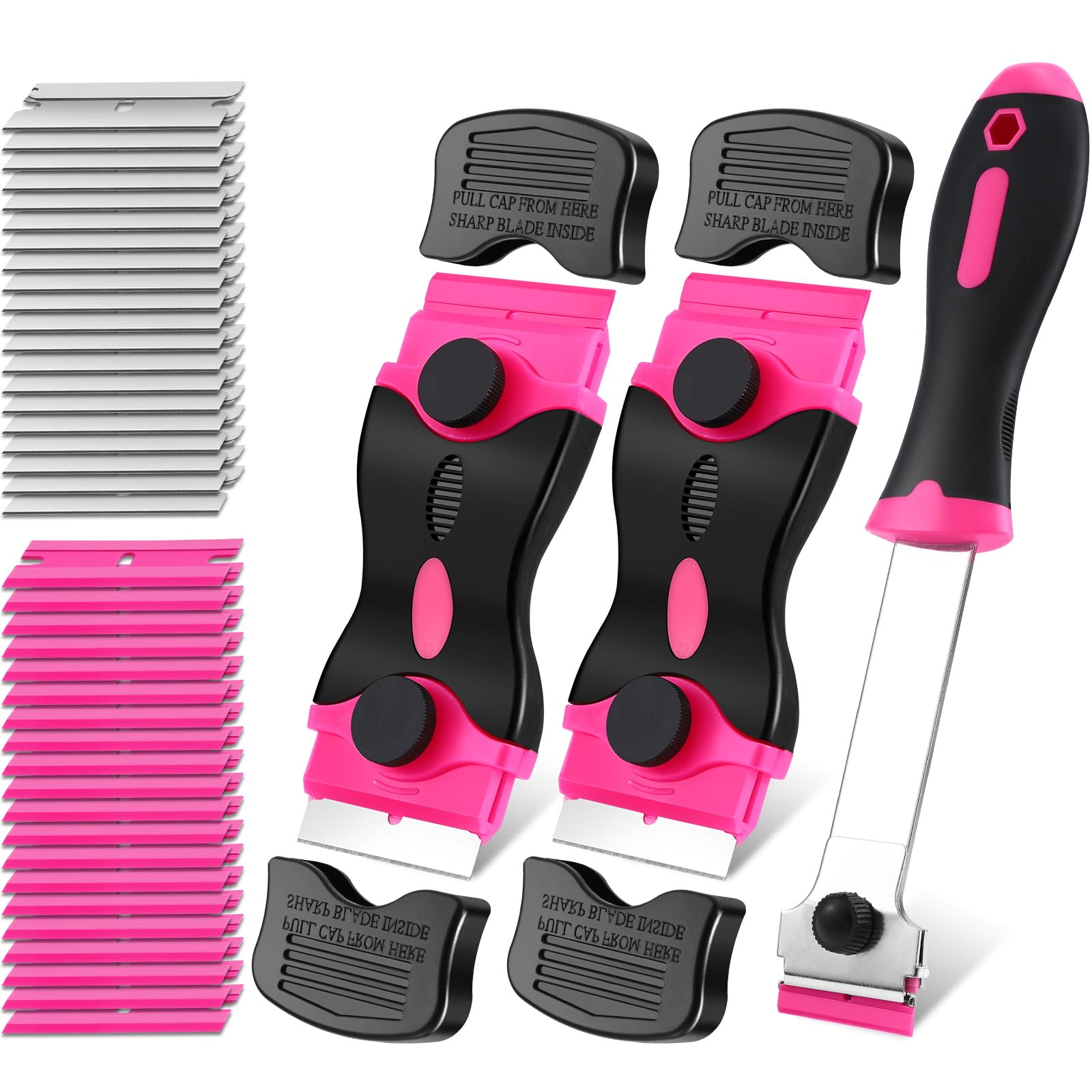 Fertoriy Razor Blade Scraper, Premium Razor Scraper with 50 Metal & Plastic Razor Blades, Multi-Purpose Razor Blade Scraper Tool, Glass Window Scraper Tool for Cleaning Cooktop, Sticker (Pink)