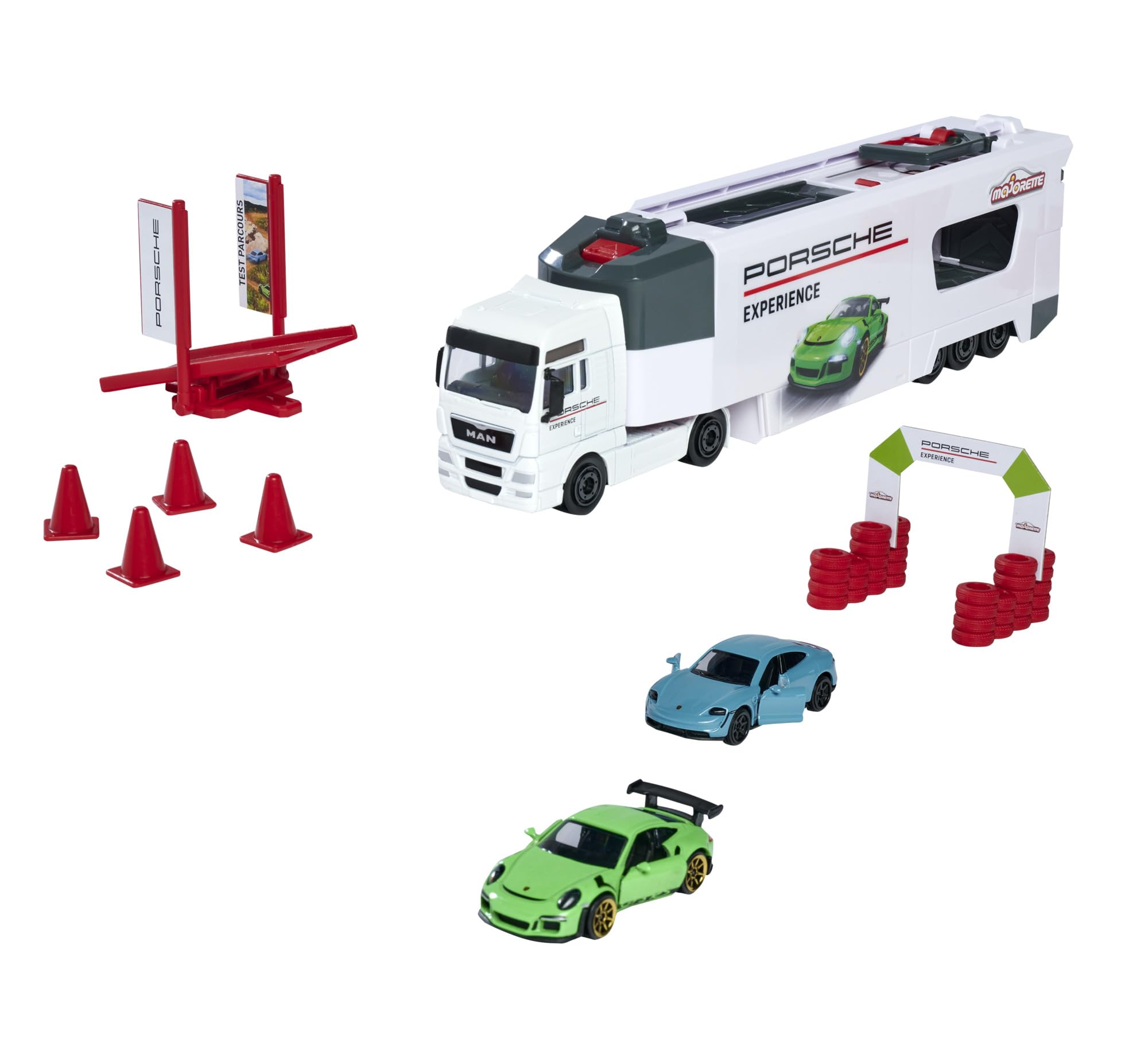 Majorette- Camión Porsche Experience 27cm, Incluye 2 Coches de Metal de 7,5cm, Partes Desplegables y Numerosos Accesorios, Adecuado A Partir de 3 Años, Color (212053304)