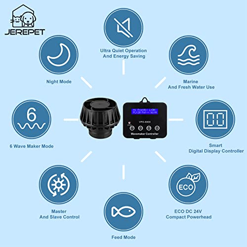 JEREPET 2100GPH Aquarium Wave Maker with Controller Mini DC 24V 12W Powerhead with Magnetic Mounting, Wavemaker with LED Display for 30 to 60 Gallon Tank