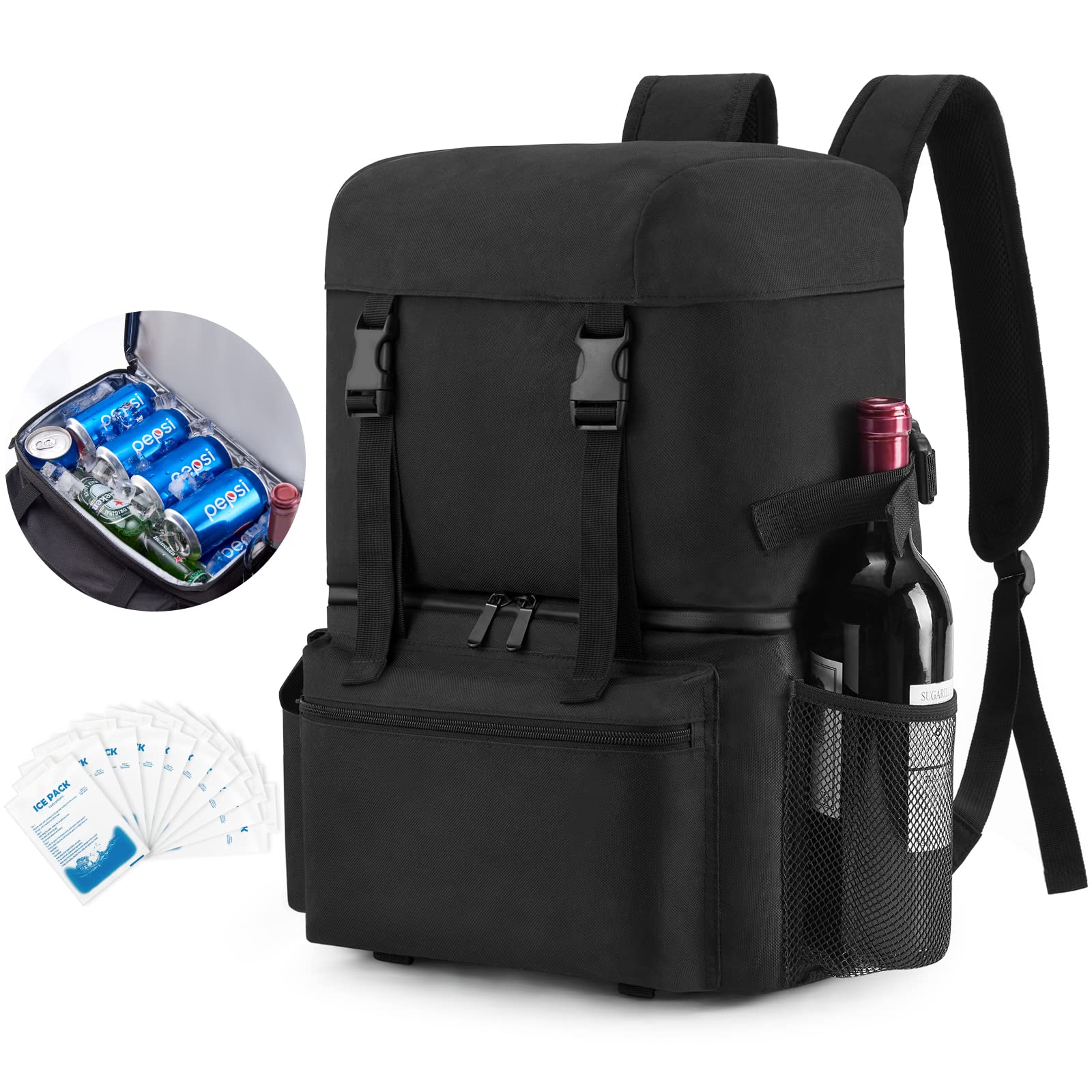 Cooler Backpack with 10 Ice Packs, 36 Cans Insulated Leakproof Cooler Bag, Large Capacity Lunch Backpack with Double Decks, Lightweight Soft Backpack Cooler for Men Women