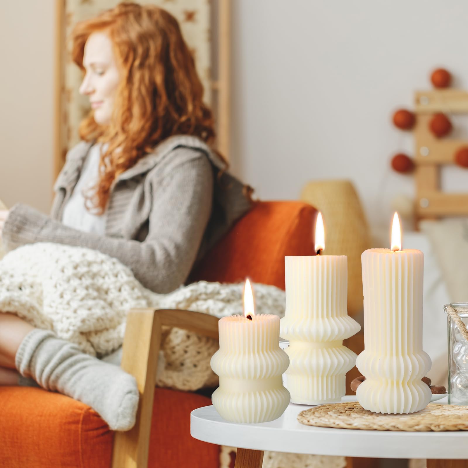 MTLEE 3 Pcs Small Ribbed Pillar Candles Scented Pillar Candle Decorative Candles Soy Wax Aesthetic Candle 4.7, 4.2, 3.2 in Height Modern Geometric Home Decor for Bathroom Living Room(Khaki)