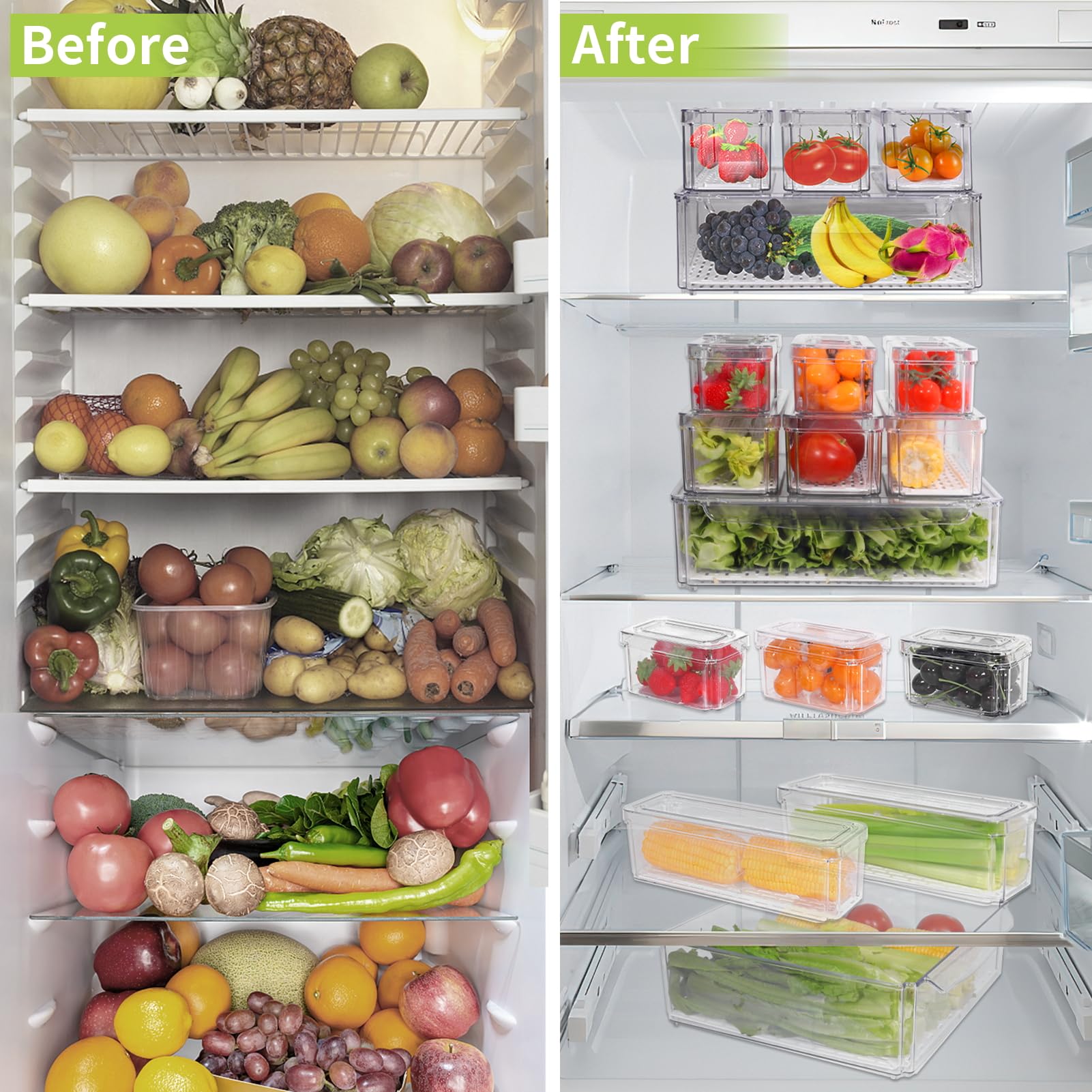 CAIROCK Set of 10 Fridge Organizer Bins with Lids Refrigerator Organizing Organizer Set Fridge Organization and Storage Containers Freezer Organizer Bins for Fruit Vegetable Food