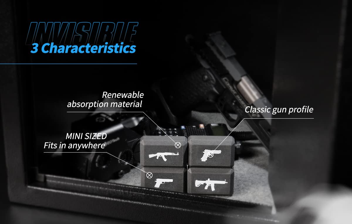 SILENT DRY Renewable Small Safe Dehumidifier Block, Rechargeable Portable Moisture Absorbers for Gun Accessories/Closet/Cabinet/Camerant/Gym Bag, up to 5L, 4 Pieces, Invisible
