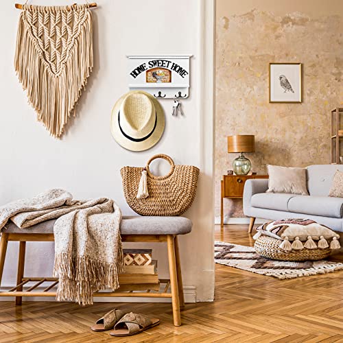 HRONRAD Farmhouse Key Holder for Wall Decorative, Home Sweet Home Decor, 3 Double Metal Key Hooks and 4 Hidden Push & Pull Cover Key Hangers, Rustic Wooden Wall Mounted Key Racks for Entryway (White)