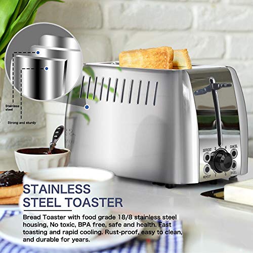 prepAmeal 2 Slice Toaster Stainless Steel Toaster Two Slice Bagel Toaster Small Bake Toaster with 6 Browning Setting, Reheat, Defrost, Bagel, Cancel Function, Extra Wide Slots (Silver - 2 Slice)