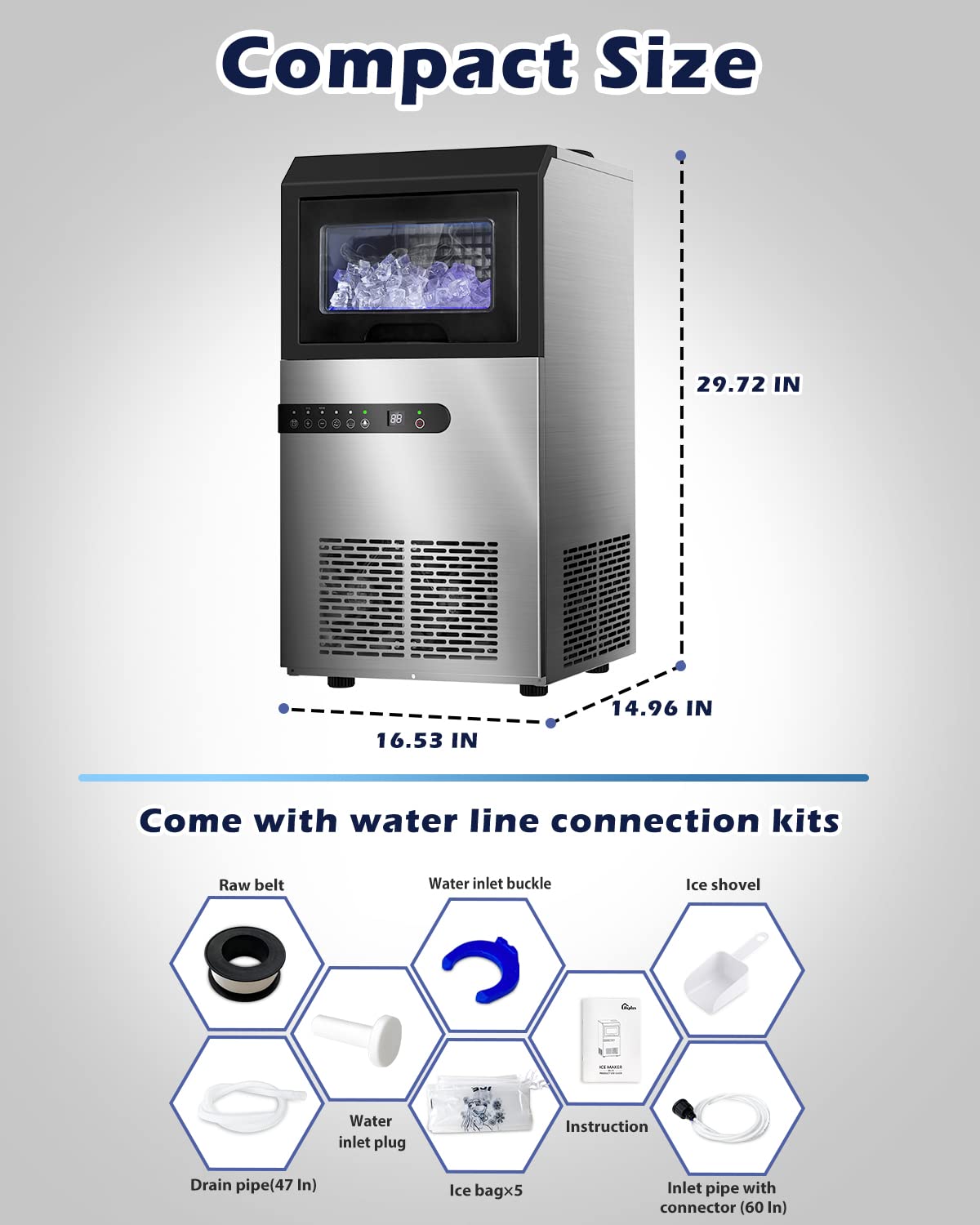 Commercial Ice Machine, 130LBS/24H, 60 Ice Cubes/Cycle Free Standing Under Counter Ice Maker w/Large Ice Bin, 2 Auto Water Inlet Modes, Self Clean, 24H On/Off Timer for Home Party & Business