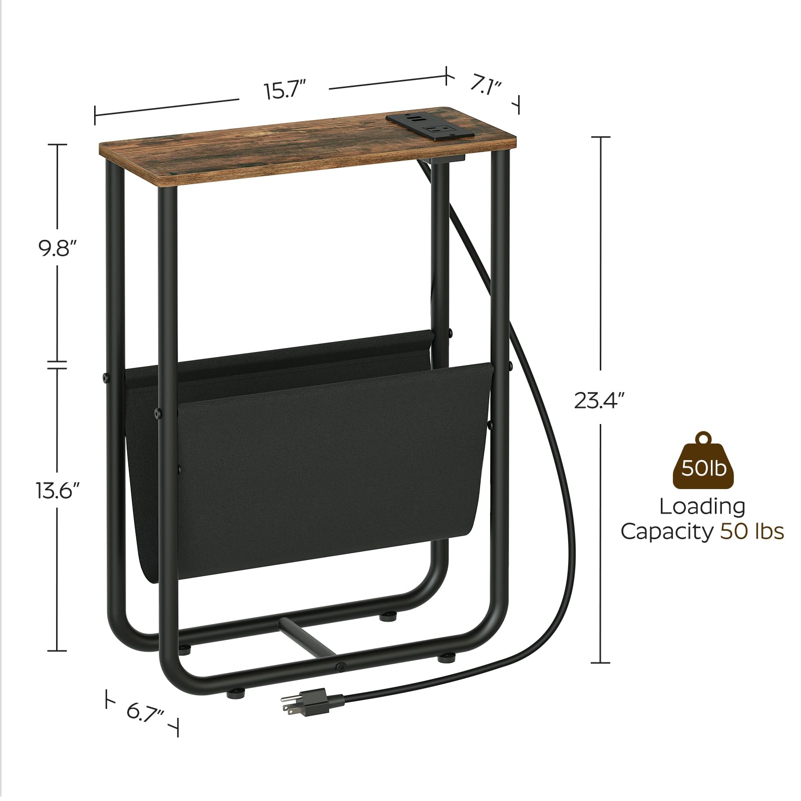 YATINEY Narrow End Table with Charging Station, Slim Side Table with Storage, Skinny End Table with Magazine Holder, Narrow End Table, Nightstand for Bedroom, Living Room, Rustic Brown ET05BR