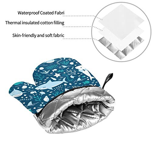 Cute Blue Fish Home Oven Gloves and Pot Holders 4-Piece Set for Kitchen Cooking and Baking High Heat Resistant Set