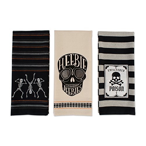 DII Happy Halloween Dishtowel Collection Embellished Cotton Kitchen Hand Towel Set, 18x28, Skeleton, 3 Count