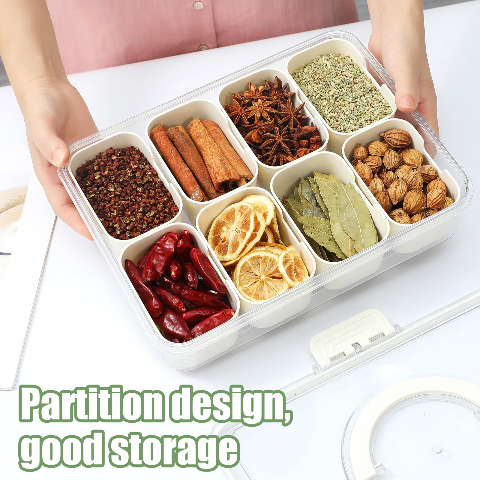 Divided Serving Tray with Lid and Handle, Snack Containers Travel Snackle Box Clear Organizer Food Storage Fresh-keeping Box for Candy Fruits Nuts Snacks, (1 Pack with 8 compartments)