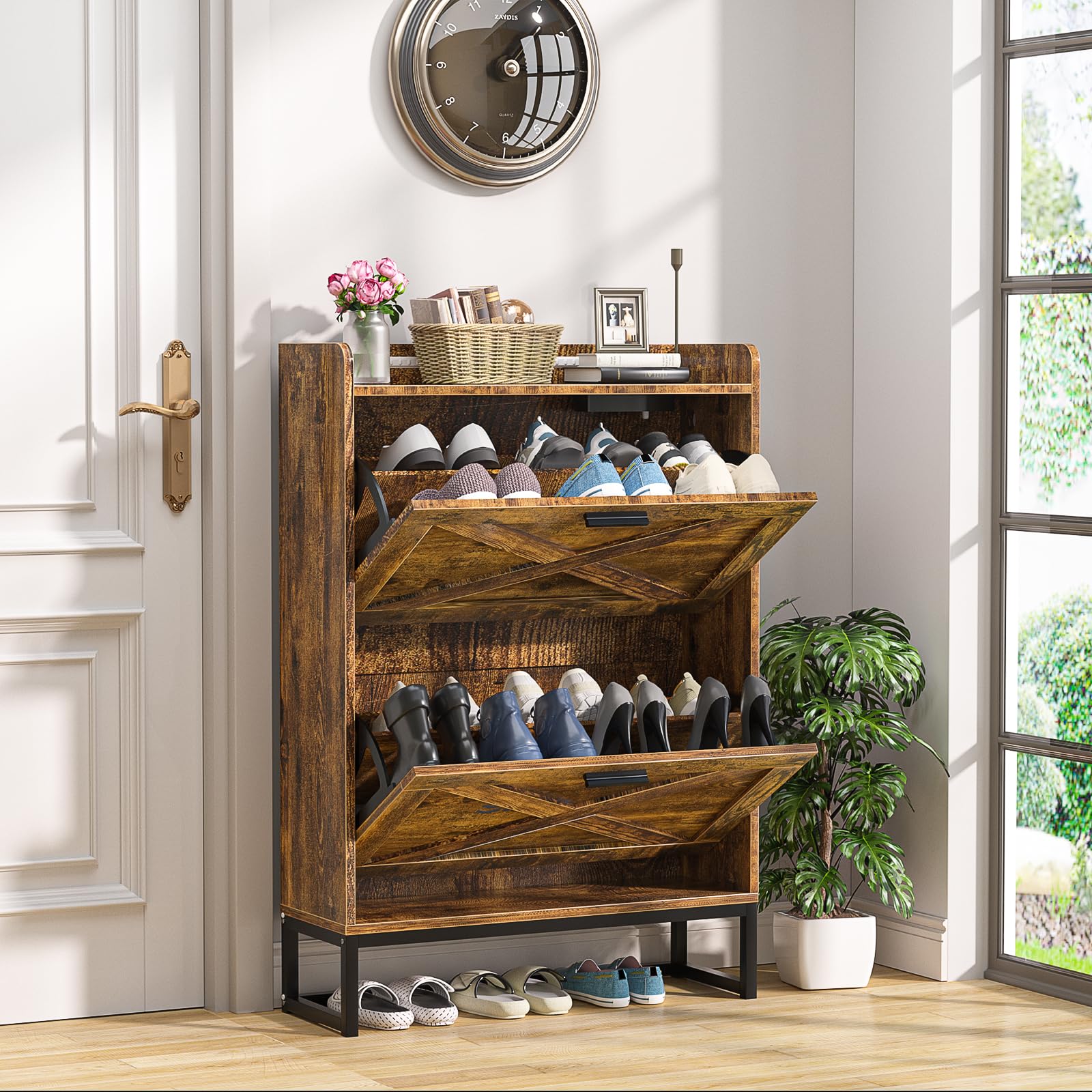 HAIOOU 2 Drawer Industrial Shoe Cabinet, Slim Freestanding Wood Shoe Rack Storage Organizer Stand with Flip Doors, Open Storage Shelf, Anti Toppling for 15-18 Pairs Rustic Brown