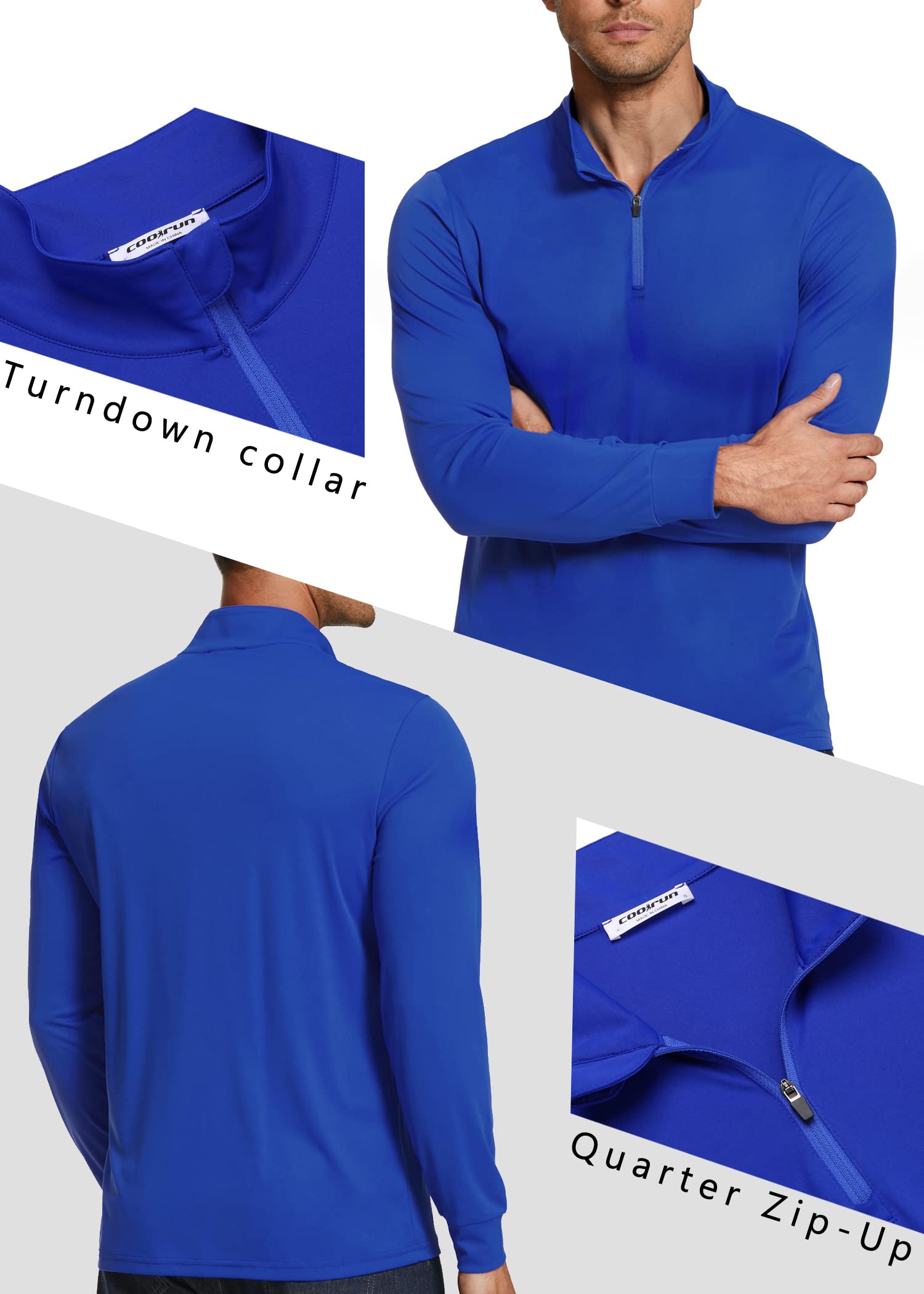 COOrun Men's Golf Shirts Long Sleeve Shirts Sports Polo Shirts Athletic Jersey Shirts 1/4-Zip Pullover Blue L
