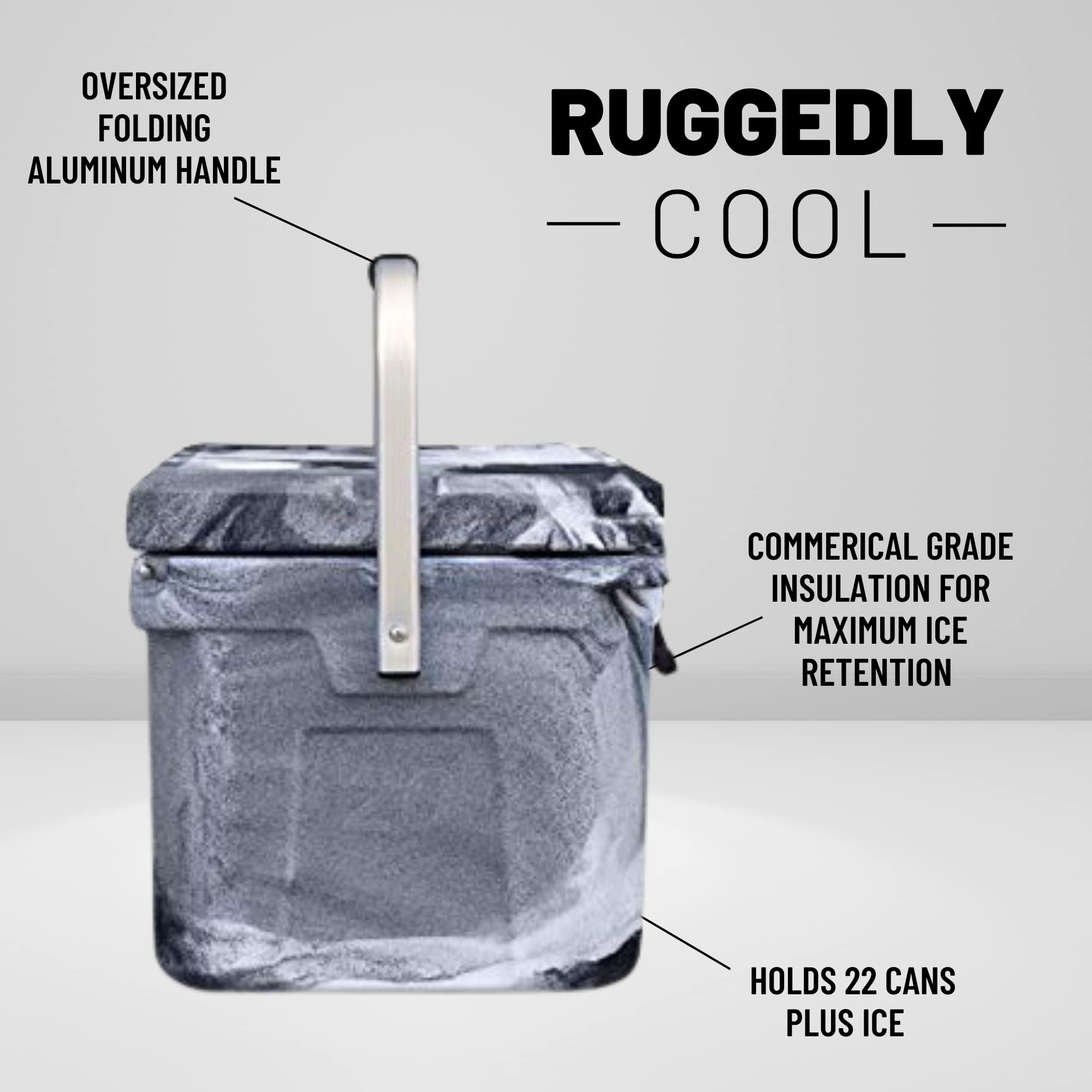 CAMP-ZERO 20L | 21.13 Quart Premium Cooler with 4 Molded-in Cup Holders & Folding Aluminum Handle | Thick Walled, Freezer Grade Cooler w/Secure Locking System & Tie Down Channels (Black Swirl)