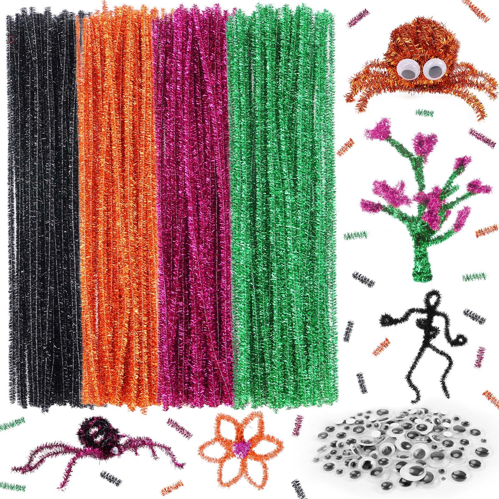 Caydo 200Pcs Halloween Pipe Cleaners with 100Pcs Wiggle Eyes for Kids, Glitter Chenille Stems for Halloween Art & Craft Projects DIY Creative Crafting (6 mm x 12 Inch)
