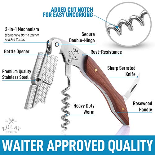 Zulay Professional Waiter’s Corkscrew Bottle Opener - 3-in-1 Wine Key Tool With Foil Cutter & Dual Hinge Fulcrum - Waiters Corkscrew For Waiters & Bartenders (Rosewood)