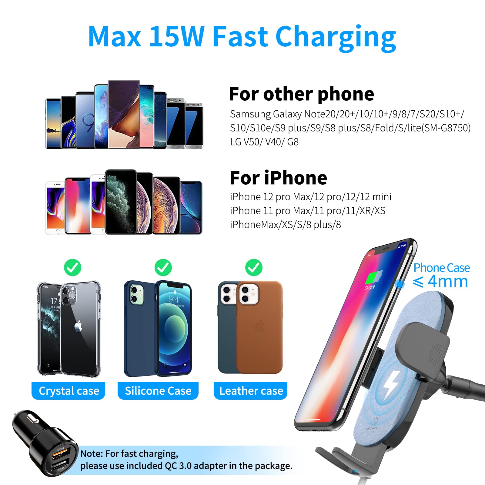 Car Phone Holder Mount Wireless Charging, 15W Wireless Car Charger Mount, Windshield Dash Phone Holder [with QC 3.0 Adapter] Compatible with iPhone 13 12 Mini 11 Pro Max, Samsung, LG-Iron Gray