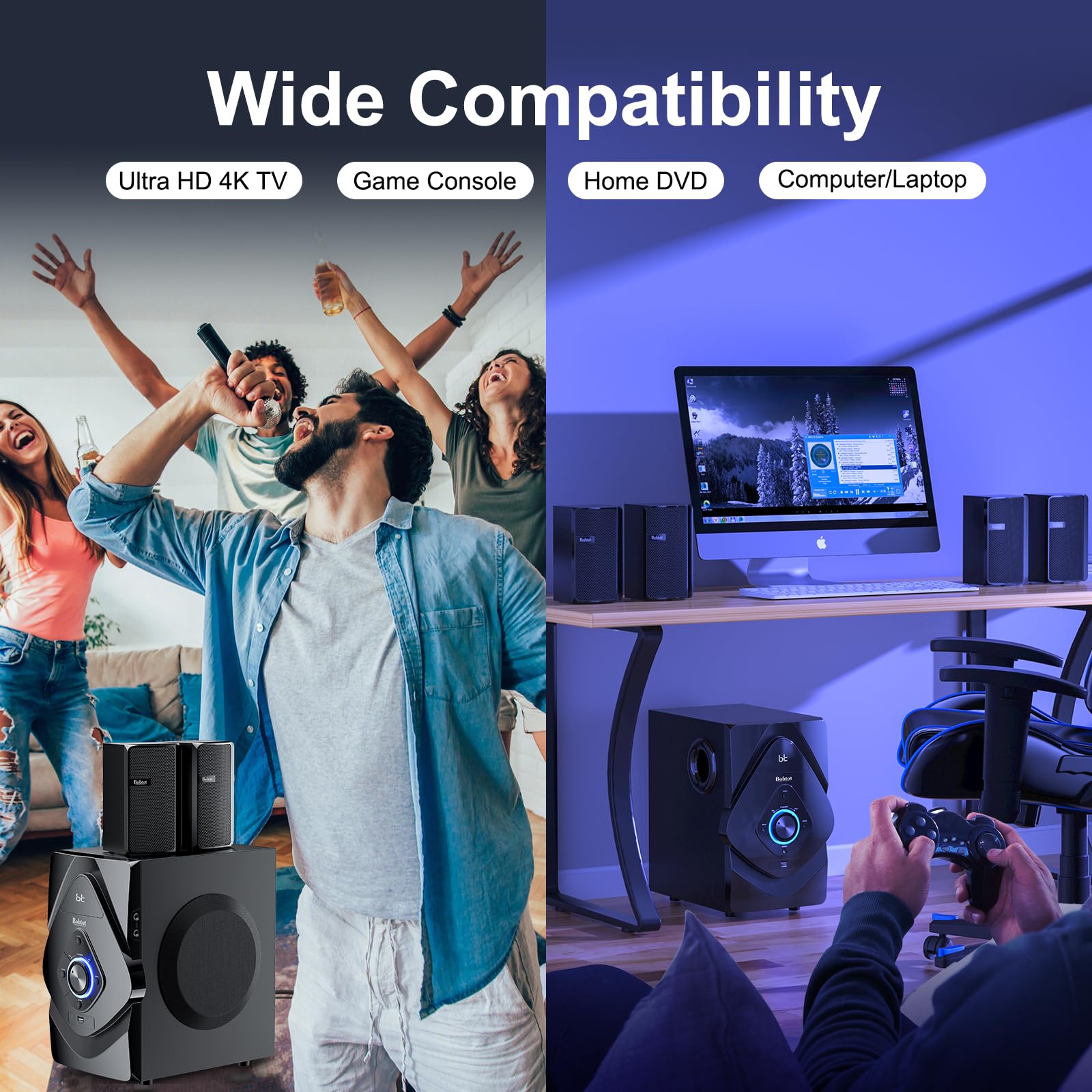 Bobtot Surround Sound Systems Wireless Rear Satellite Speakers - 5.1/2.1 Channel Home Theater Systems 800W 6.5inch Subwoofer with HDMI ARC Optical Bluetooth Input