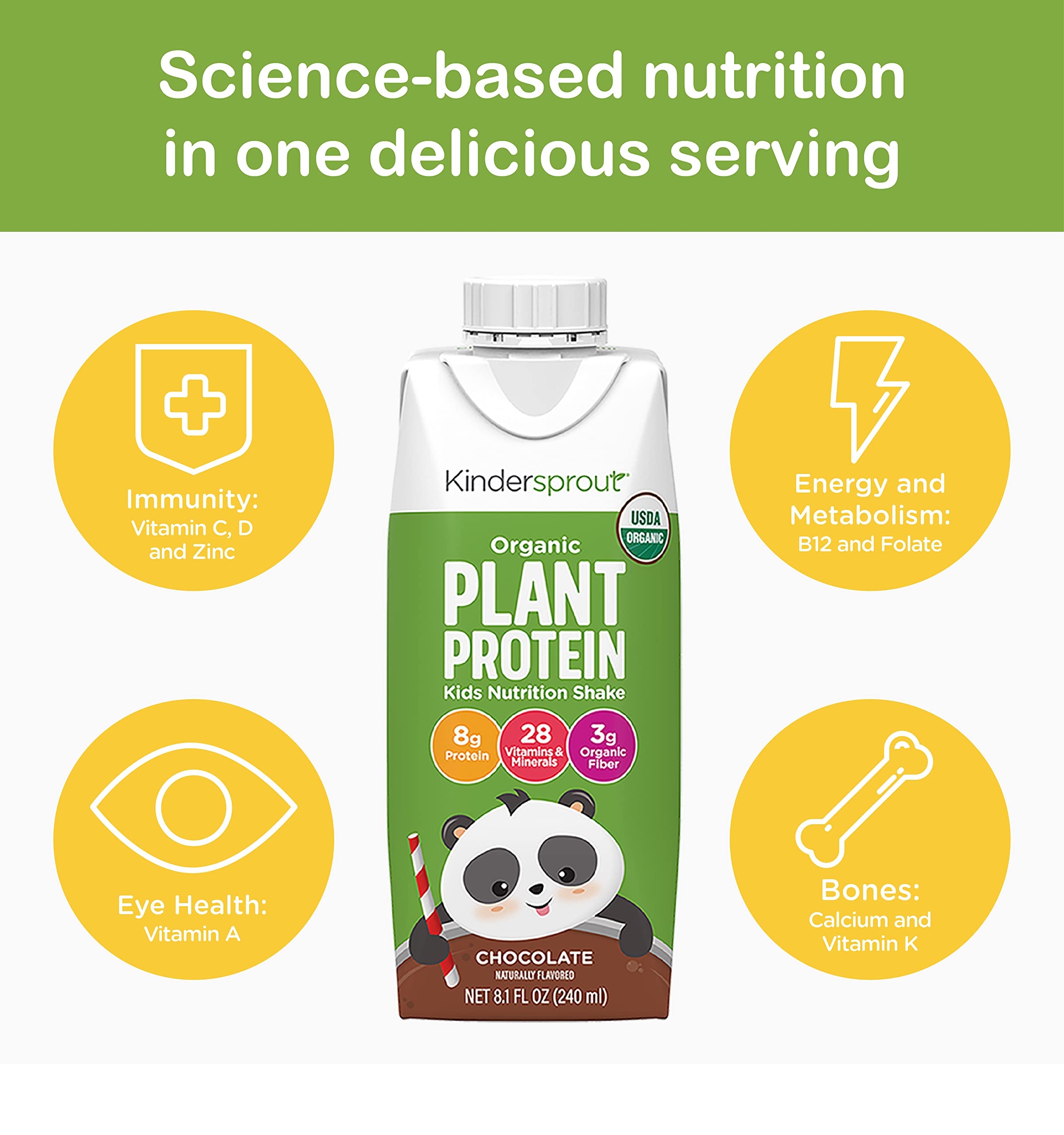 KinderSprout Protein Shake | Organic & Plant Based, Great for Kids | On-the-go and Lunchbox Safe | 28 Vitamins, 8g Plant Protein, 3g Fiber | Doctor Formulated | Chocolate, 12-pack