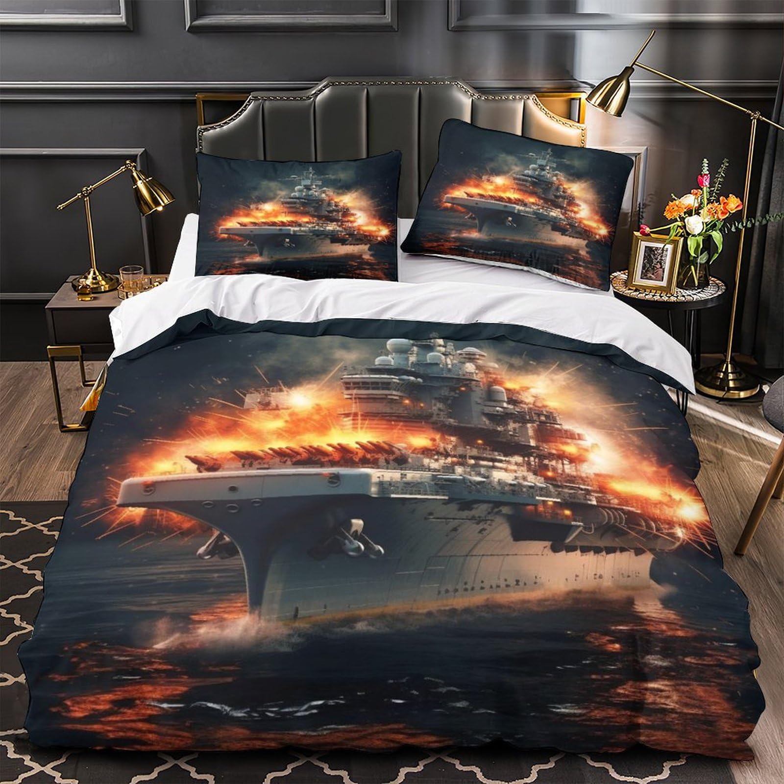 Hypoallergenic Bedding Set Cozy Battleships Comforter Covers 3D Printed Warships Quilt Cover Microfiber Duvet Cover 3 Pieces for Kids and Adults with Pillowcase Twin(173x218cm)