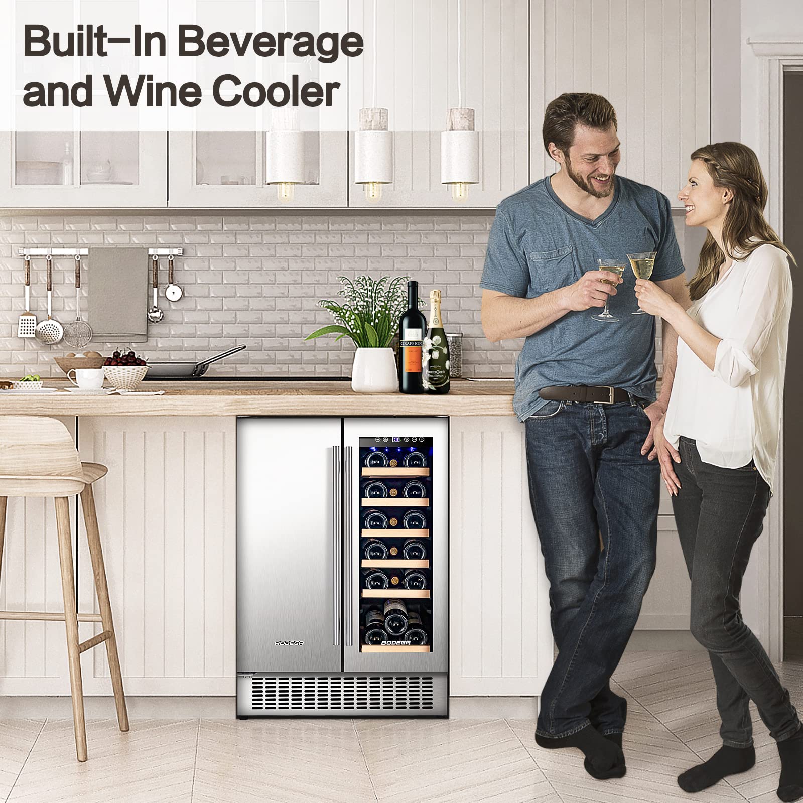 BODEGA 24 Inch Beverage and Wine Cooler, Built-in and Freestanding Wine Beverage Refrigerator Dual Zone, Holds 57 Cans and 18 Bottles, with Independent Temperature Control,Upgraded Compressor Quiet