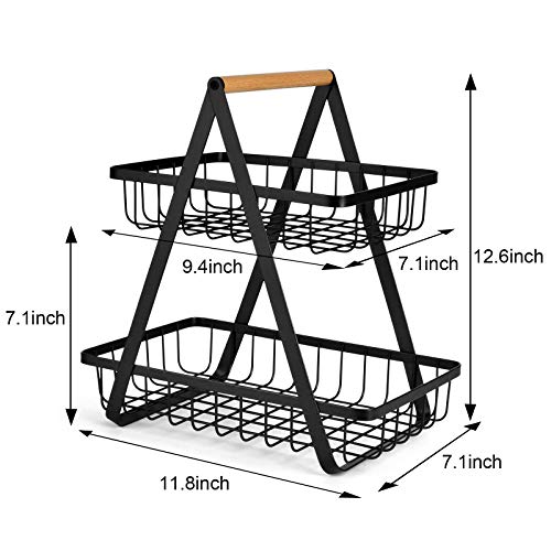 DEFLECTAIR 2-Tier Countertop Fruit Basket Fruit Bowl Bread Basket Vegetable Holder for Kitchen Storage, Black