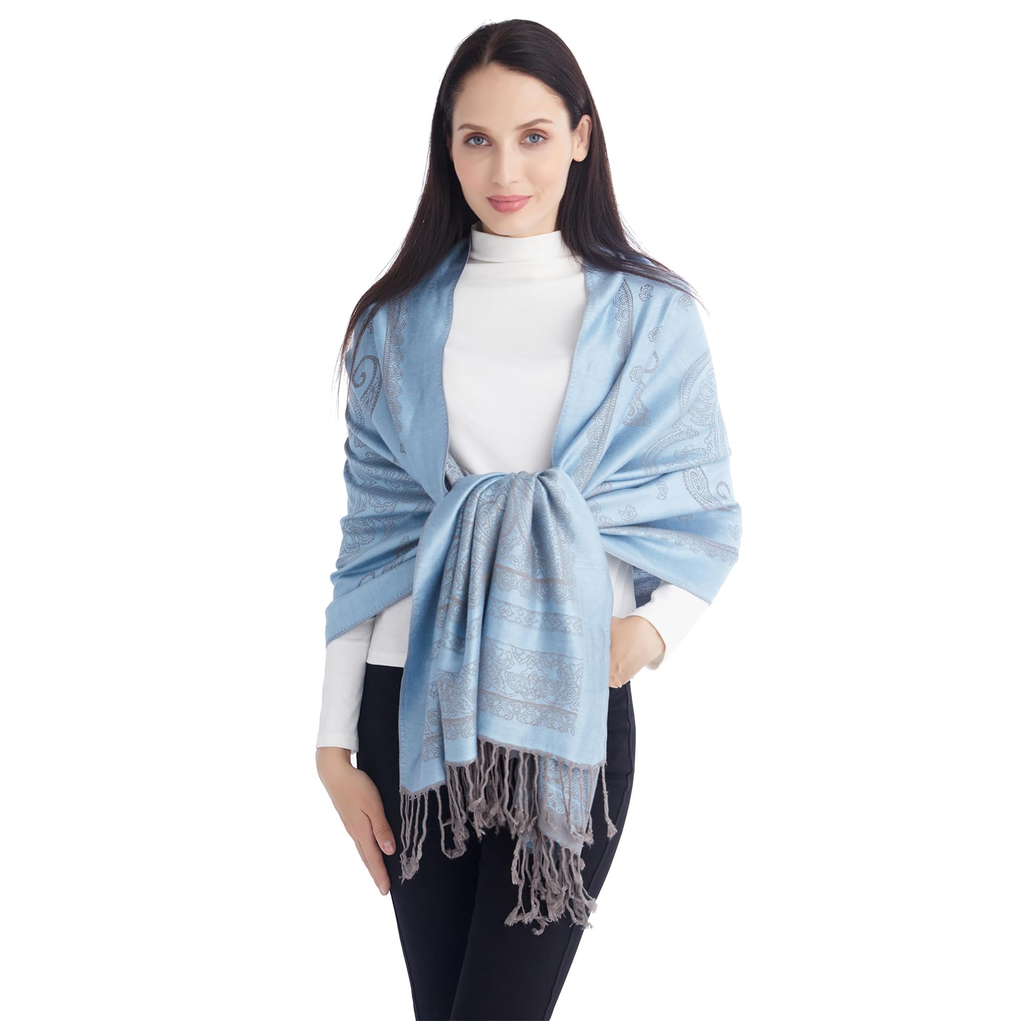 Ciormis Shawl Wraps for Women, Silky Jacquard Paisley Pashmina Scarves for Bridal Formal Dresses(US-Light Blue)