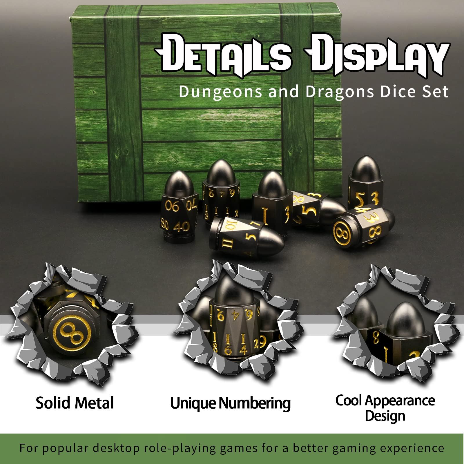 Bullet Dice Set Revolver, DND Dice Metal, ZHOORQI Gun Dice Set D and D Dice Gifts for Dungeons and Dragons, Pathfinder, Warhammer 40k, D&D, or Theme Tabletop Games(7Bullet-Black Gold)