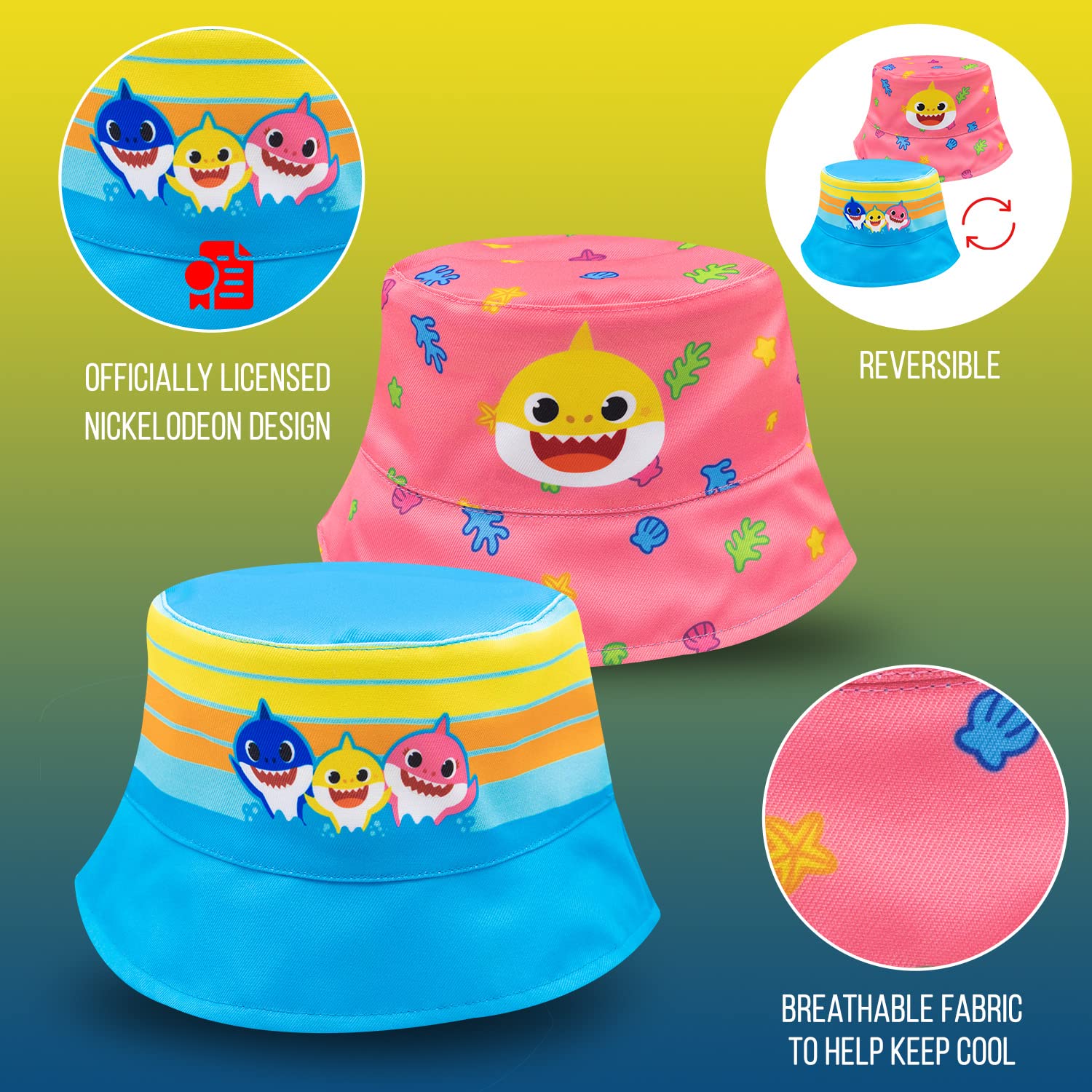 Reversible Pinkfong Baby Shark Sun Hat for Toddler Girls, Boys, and Kids