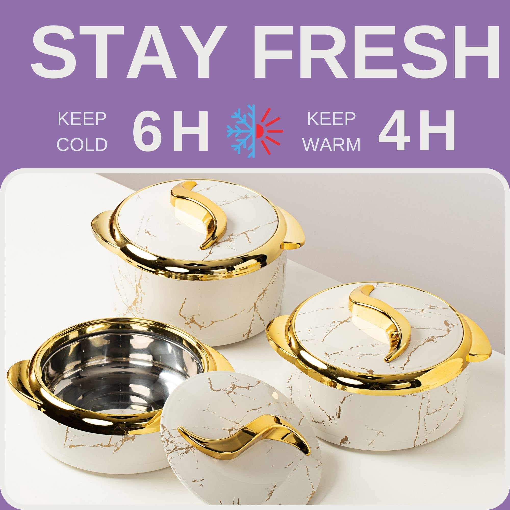 Hywisnok Luxury 3-Piece 2.6/2.1/1.6qt Thermal Casserole Dish Set with Lids, Insulated Stainless Steel Container for Hot & Cold Food, Serving Bowl for Buffets/Parties-Marble White