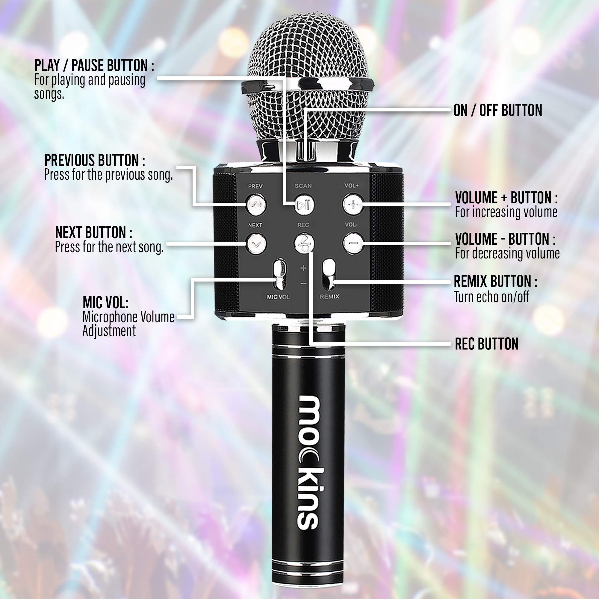 Mockins 2 Pack Black Bluetooth Karaoke Microphone for Kids with Bluetooth Speaker | Wireless Microphone Karaoke Compatible w/Android & iOS | Bluetooth Microphone Wireless | Karaoke Mic