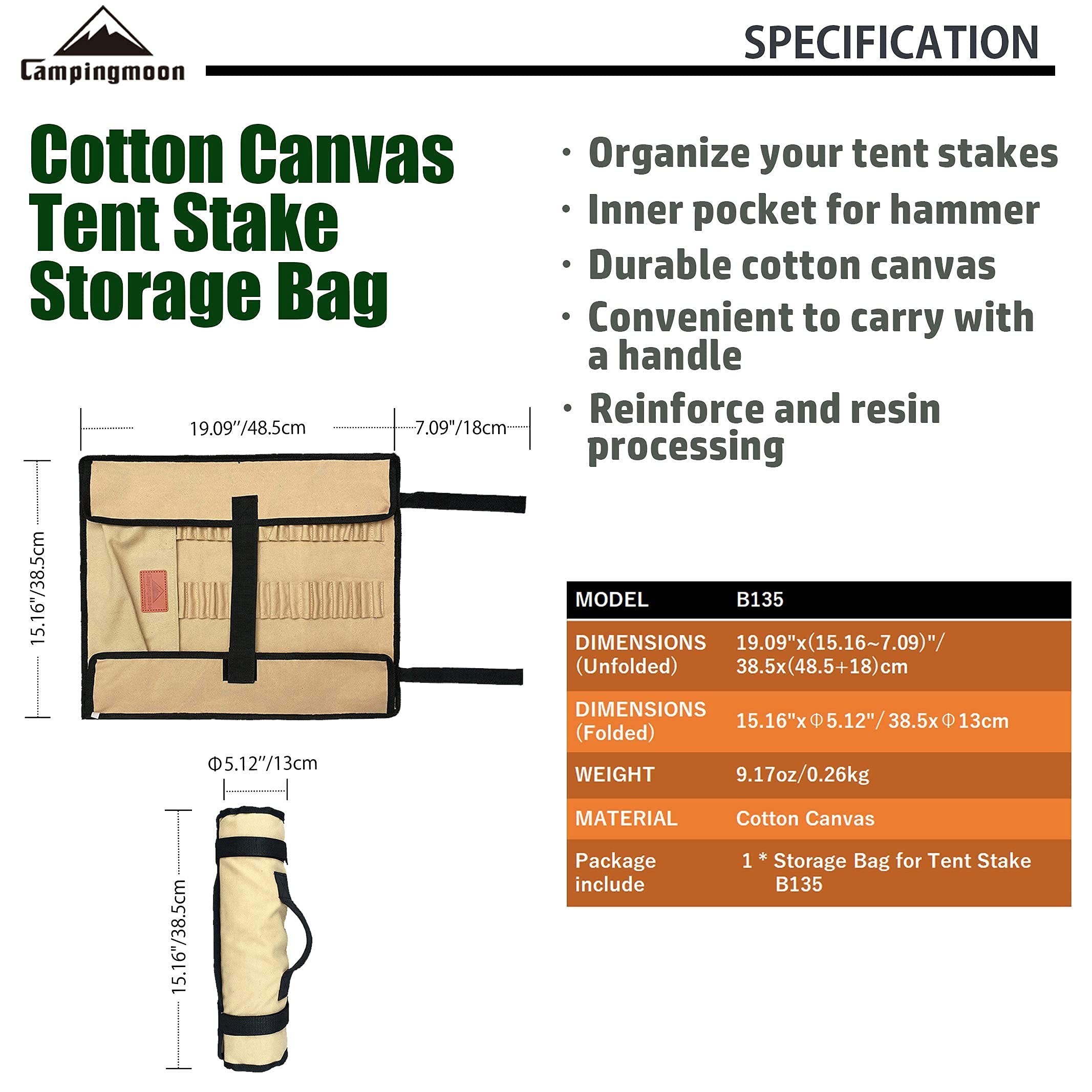 CAMPINGMOON 8pcs of 11.8-inch Martensitic Stainless Steel 420J2 Tent Stakes with Storage Bag