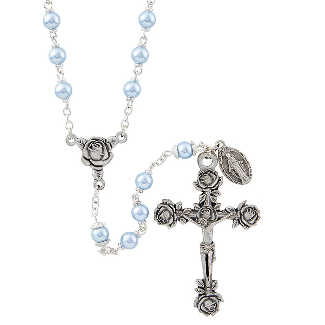 CB Catholic Silver Swarovski Pearls Light Blue Beads Rosary Necklace with Rose Detailed 2" L Crucifix Pendant (Italian Made)