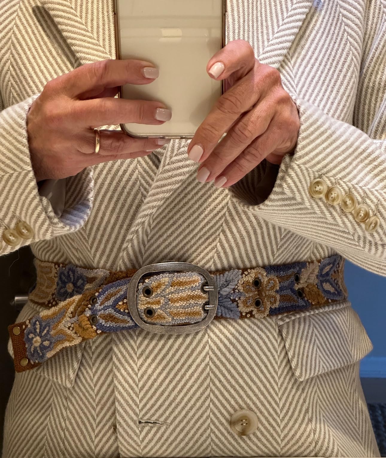 Embroidered Flower Belt, Wool Belt, Peruvian, Hand Embroiderered - Andina Camel/Terracota (Medium 41")