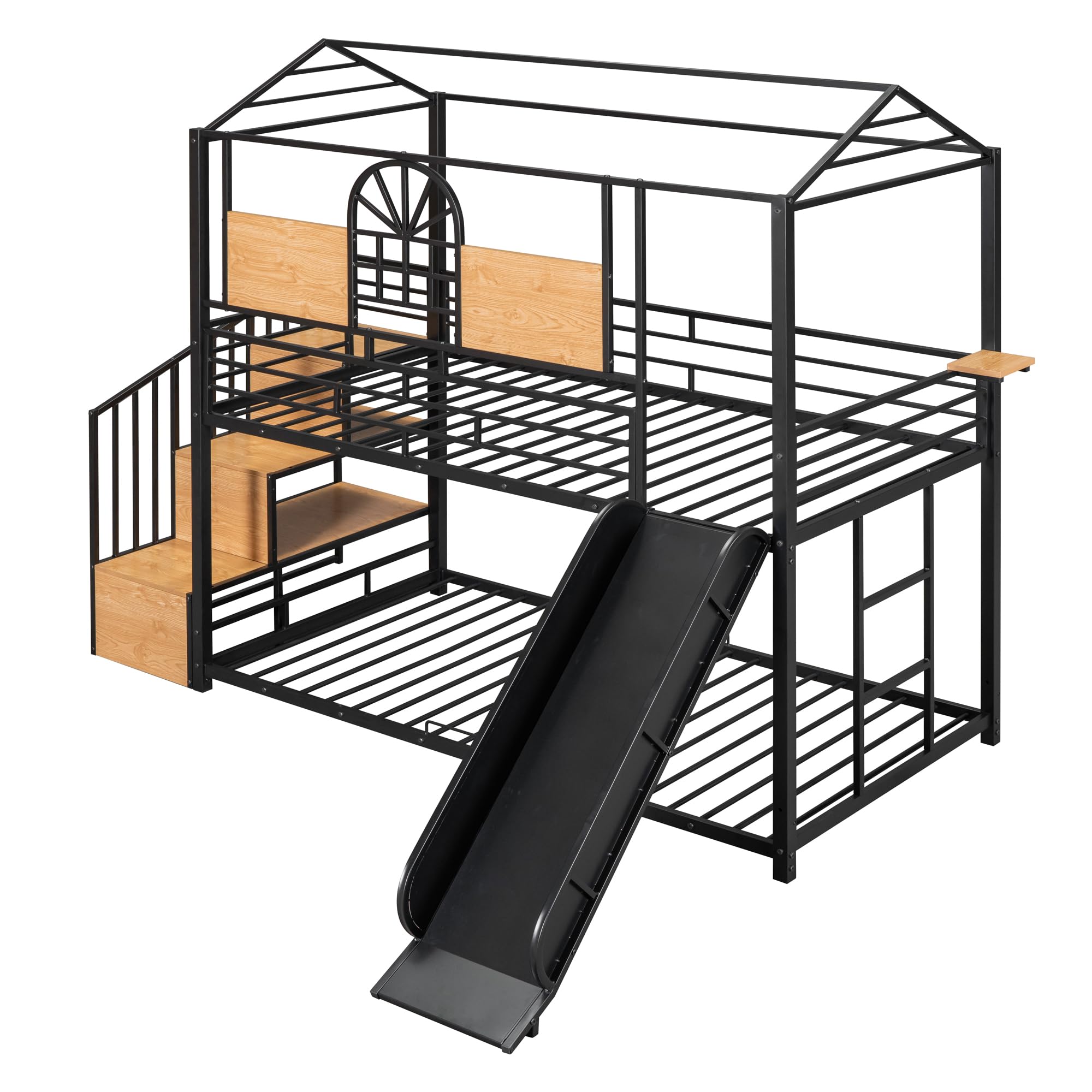 Twin Over Twin Bunk Bed with Slide, House Floor Bunk Bed with Storage Stairs and Shelves, Twin Bunk Beds for Kids, Girls, Boys, Black Bunk Bed Twin Size