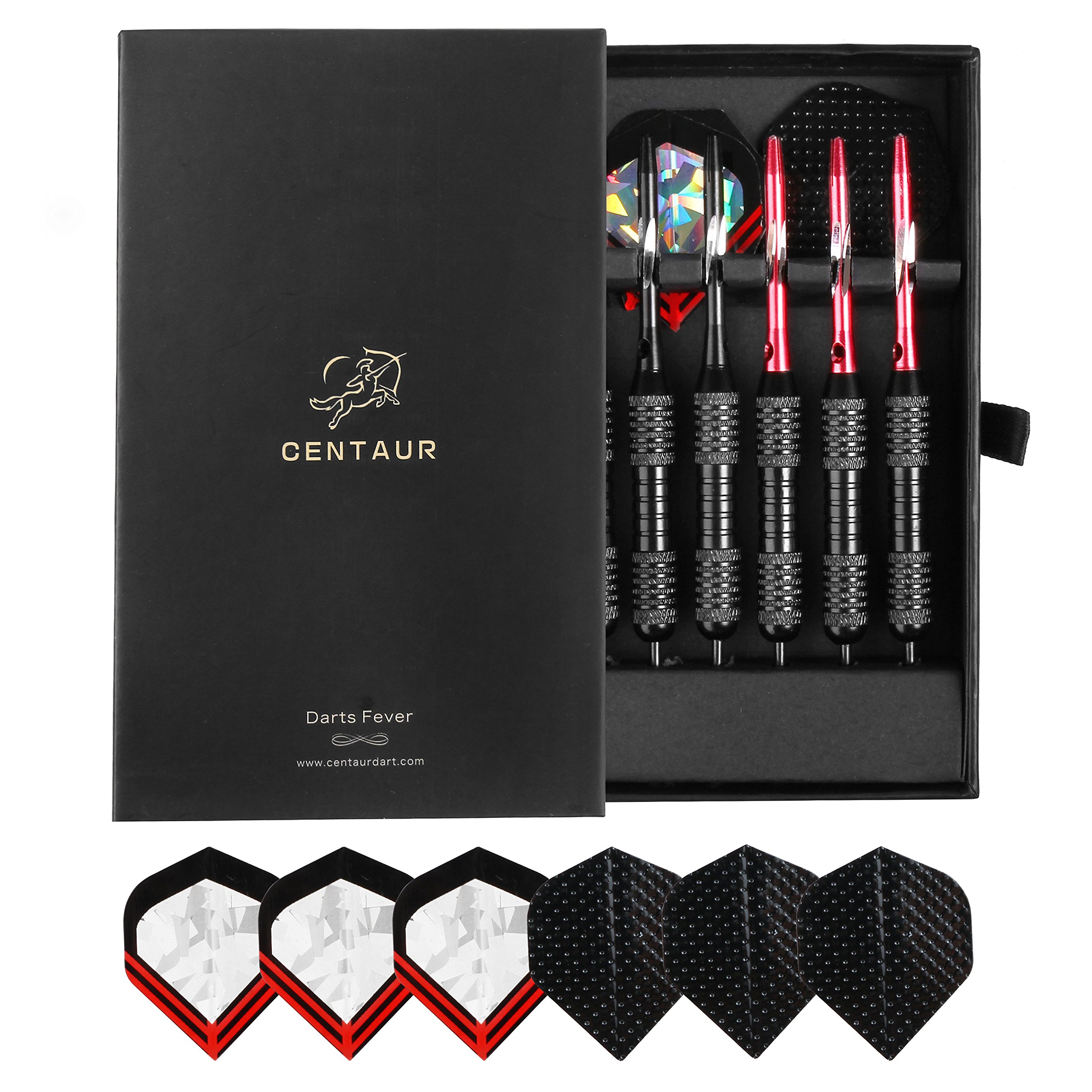 centaur 6 Pack Steel Tip Darts, Professional Metal Dart Tips Set 22 Grams with Aluminum Shafts and 2 Style Flights + Dart Sharpener + Dart Case…