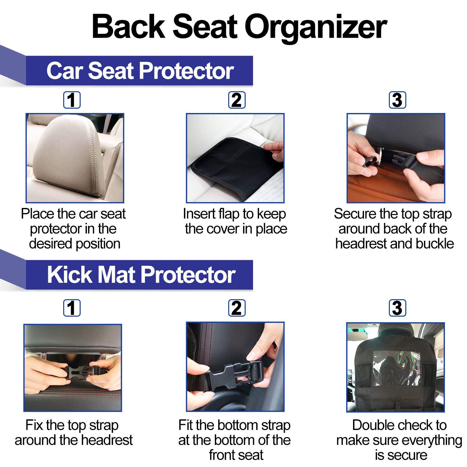 Car Seat Protector Back Seat Organizer with 10.5inch Tablet Holder, 5 Pocket Storage Car Seat Back Organizer Kick Mat Protector, Travel Accessories Organizer