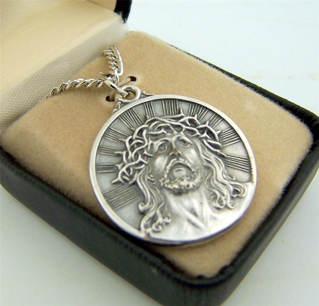 CB Silver Toned Base Thorn Crown ECCE Homo Sorrowful Jesus Christ Head Medal, 1 1/8 Inch