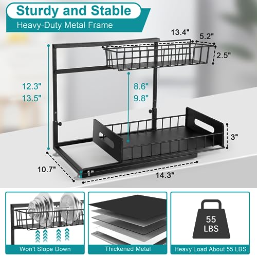 COYETH Under Sink Organizer, Height Adjustable Metal 2-Tier Pull Out Cabinet Organizer Under Kitchen Sink Organizer, L Shaped Slide Out Sink Shelf, Under Cabinet Storage for Kitchen Bathroom