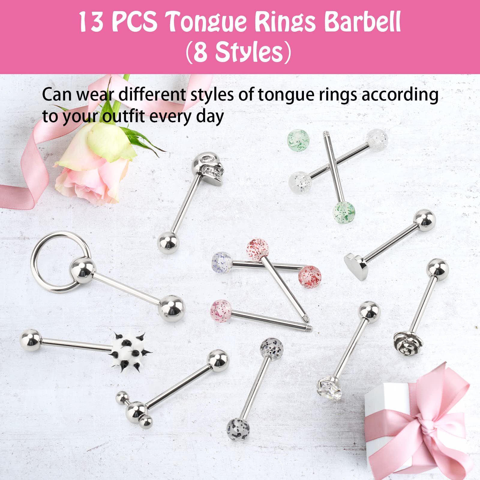 CrazyPiercing Assorted Tongue Rings, 14G Stainless Steel Tongue Piercing Rings Assorted Barbell bar Nipple Cute Tongue Rings for Women Men(13PCS)
